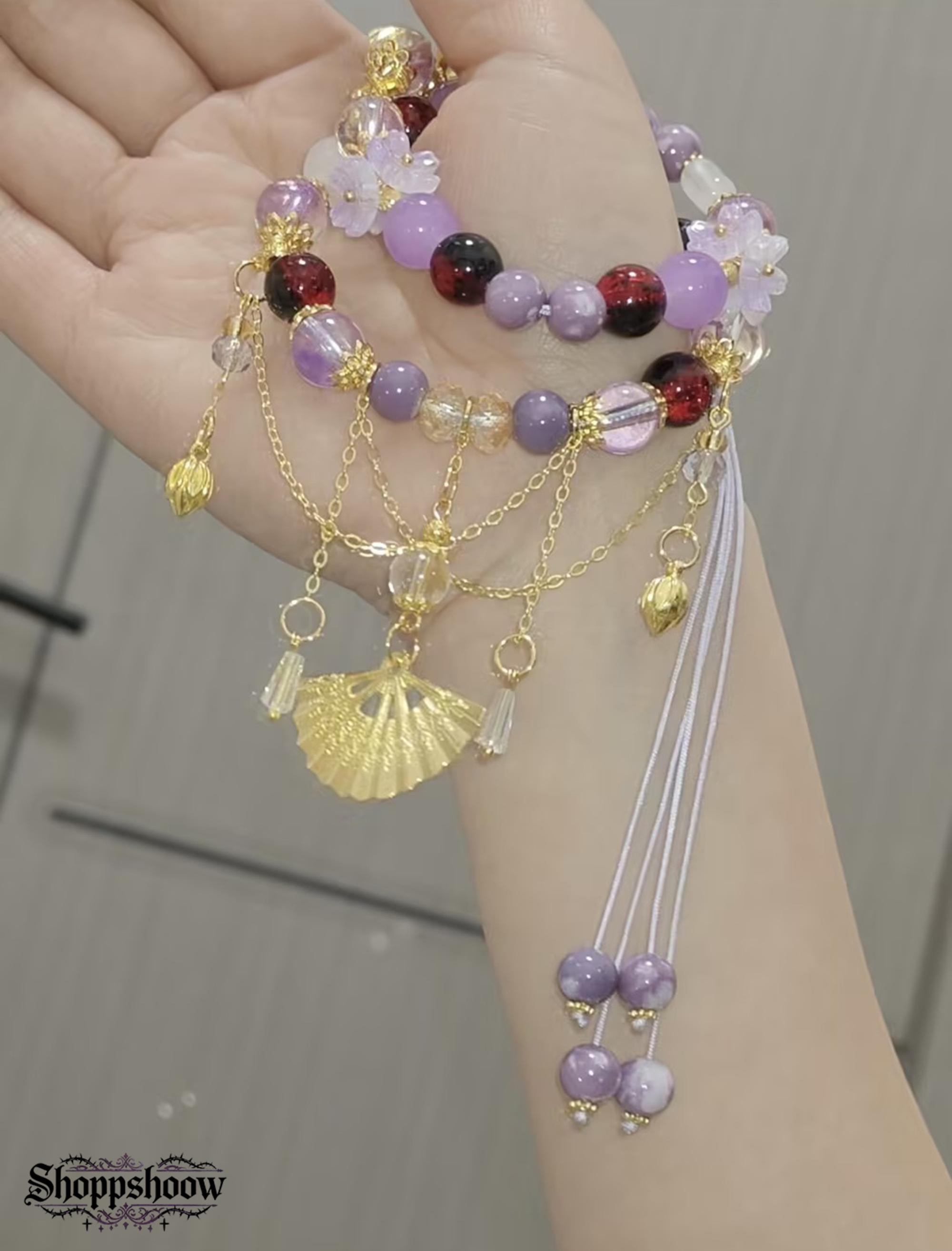 Demon Slayer Douma Double-strand Beaded Bracelet: Golden Fan Pendant ...
