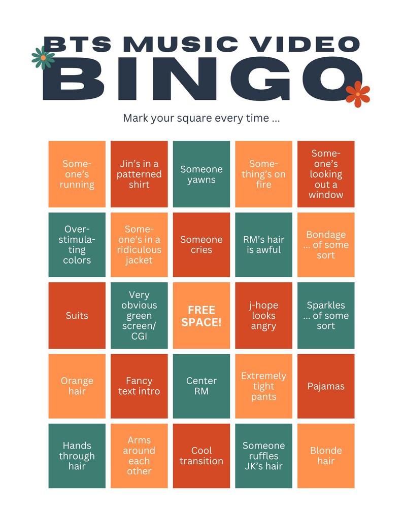 BTS Music Video Bingo - Etsy