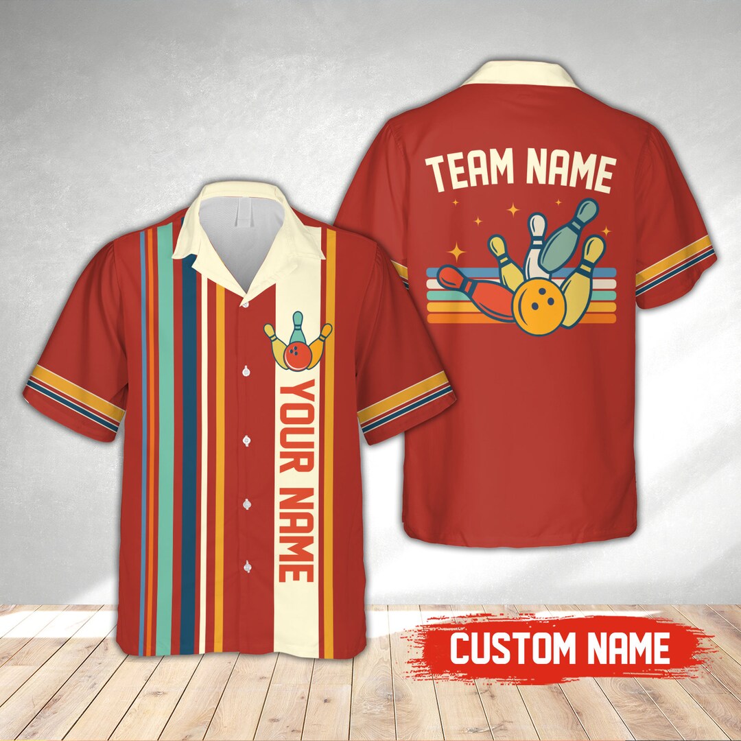 Personalized Retro Bowling Hawaiian Shirt, Custom Name Bowler Button ...