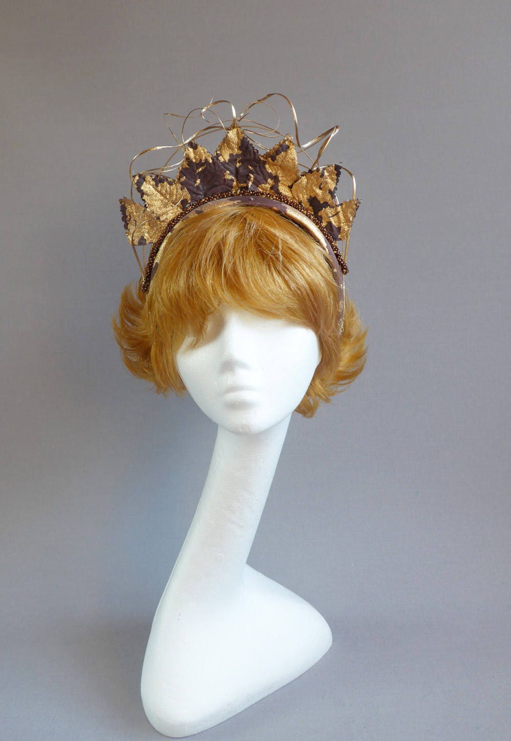 Brown / Copper and Golttone Crown Made With Leaves , Beads and Wood on ...