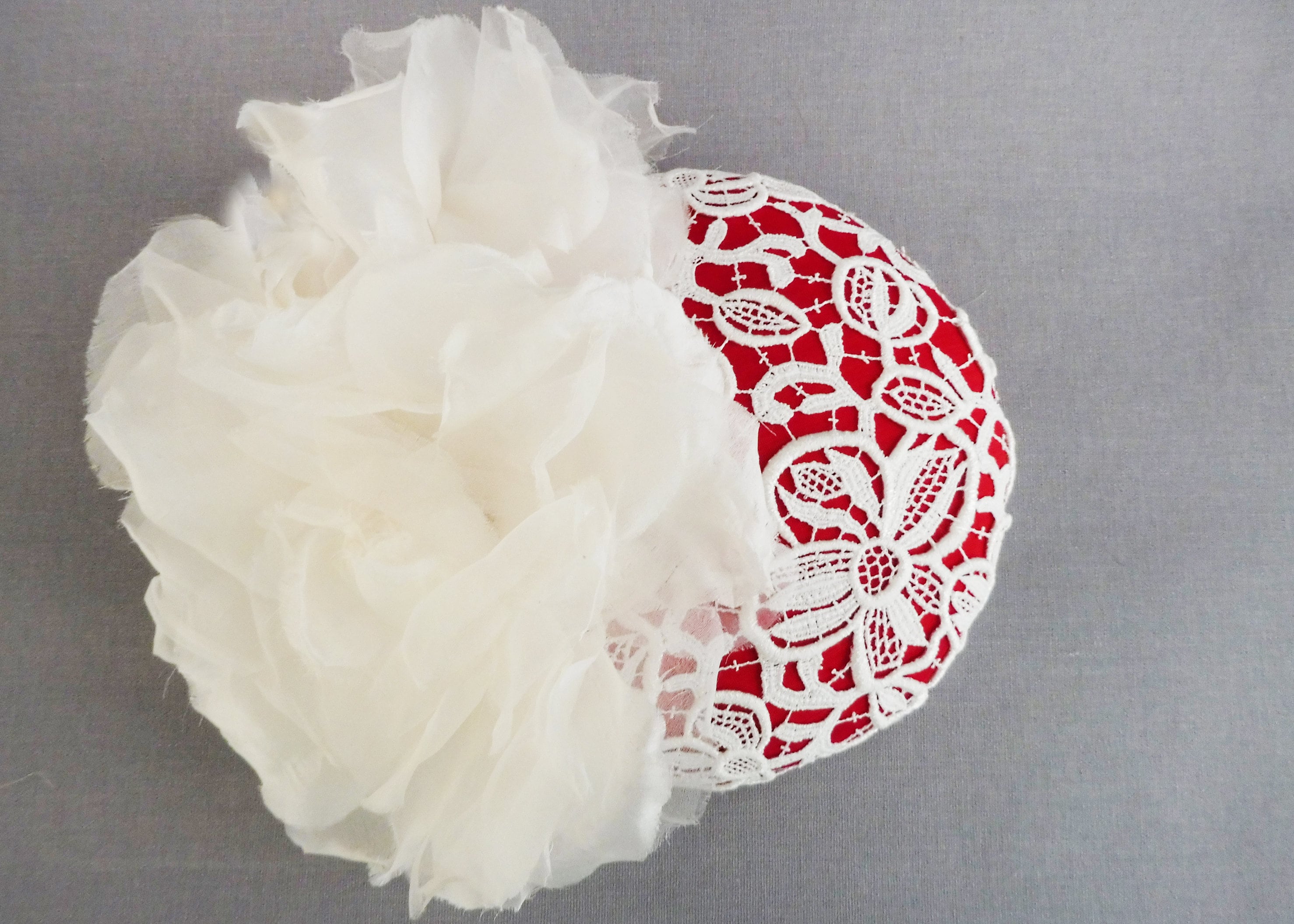 Lace percer hat in red and off white with off white flowers on | Etsy