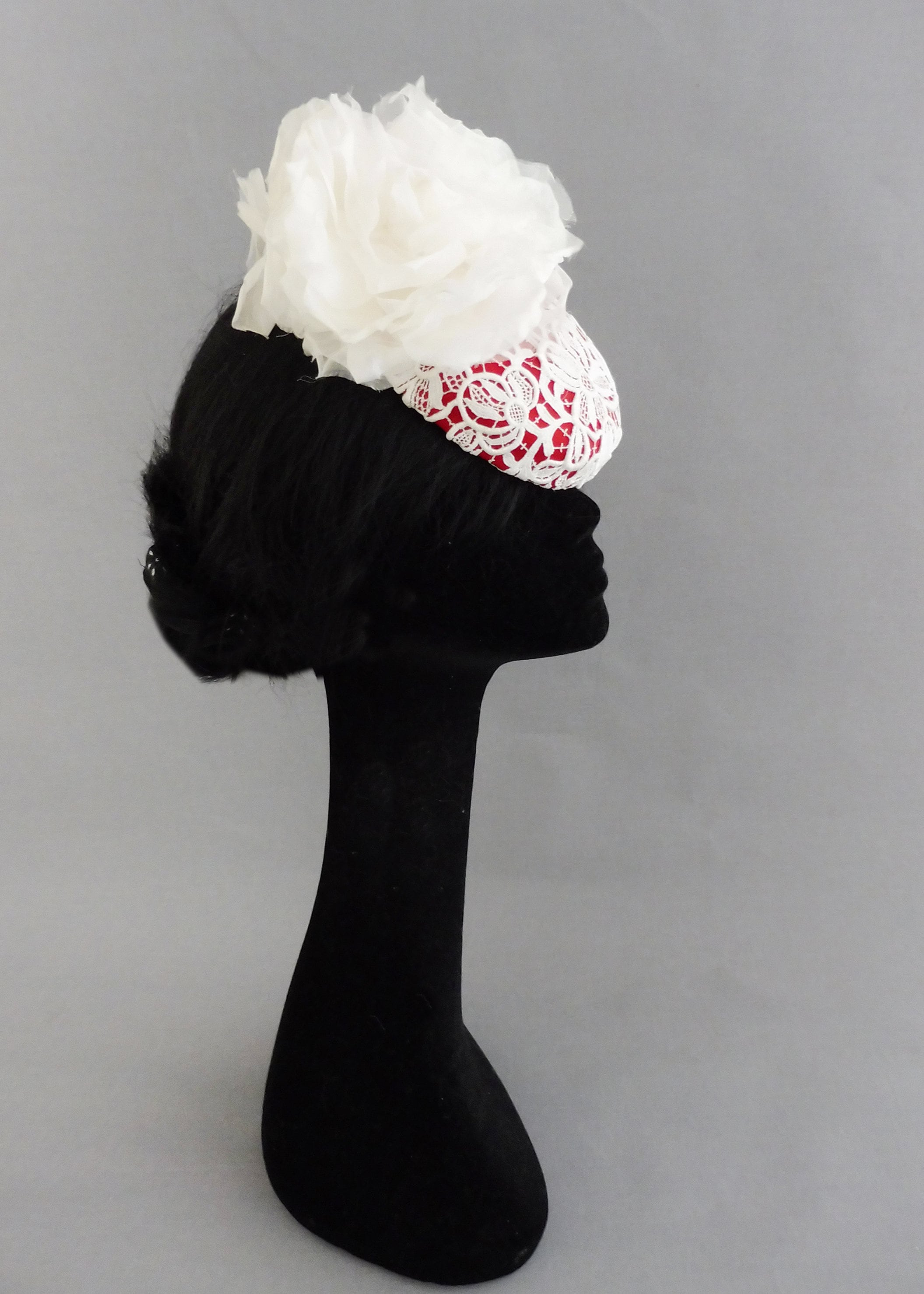 Lace percer hat in red and off white with off white flowers on | Etsy