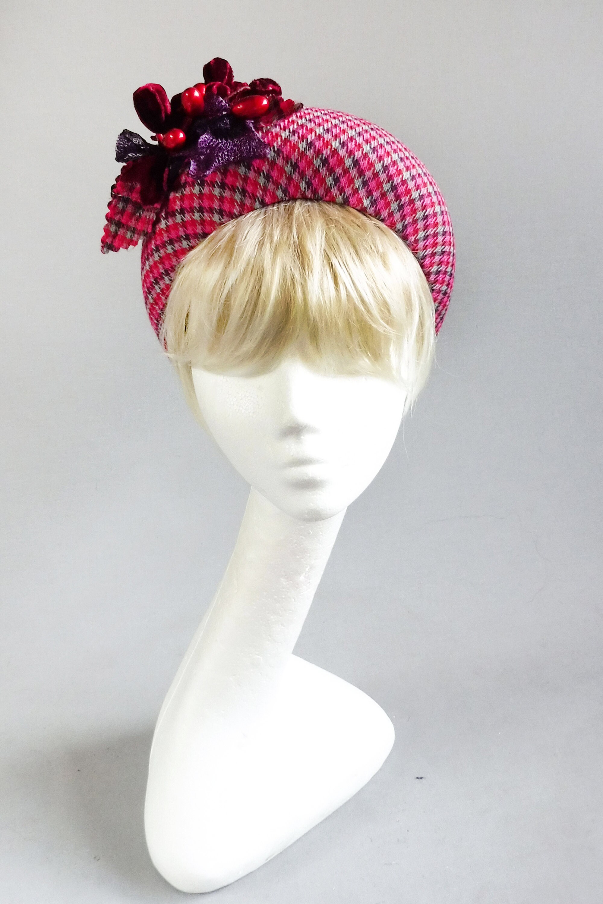 Festive halo hat made of pink gray and burgundy tweed fabric | Etsy