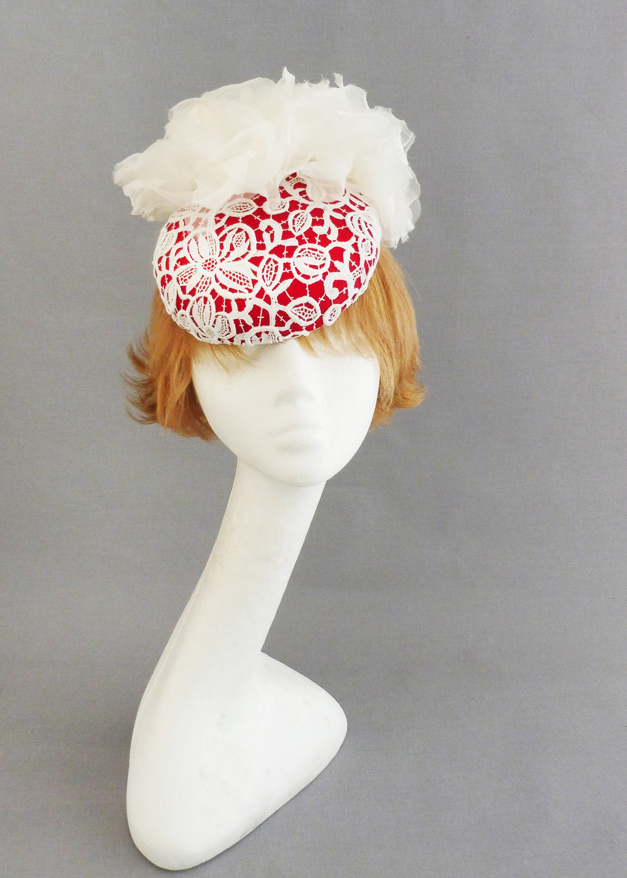Lace percer hat in red and off white with off white flowers on | Etsy