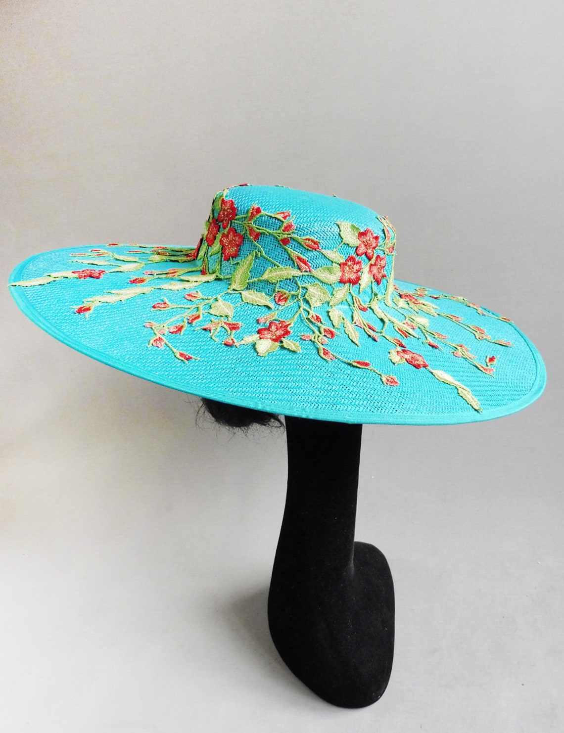 Cyaan Sea Blue Straw Big Boater Hatcovered With Hand Sewed - Etsy