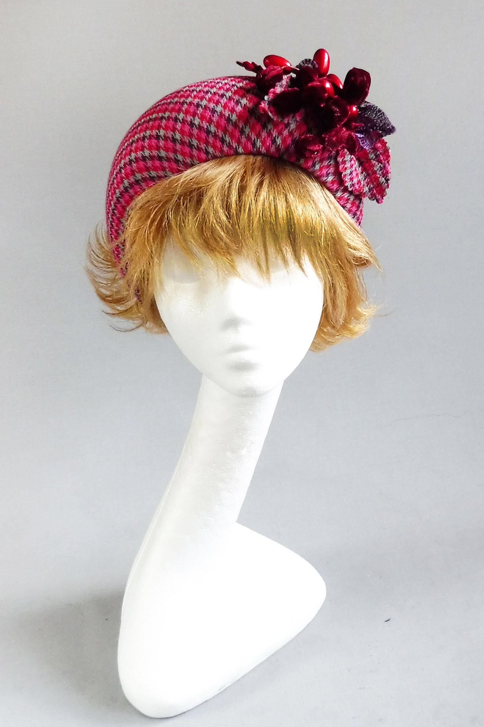 Festive Halo Hat Made of Pink Gray and Burgundy Tweed Fabric - Etsy