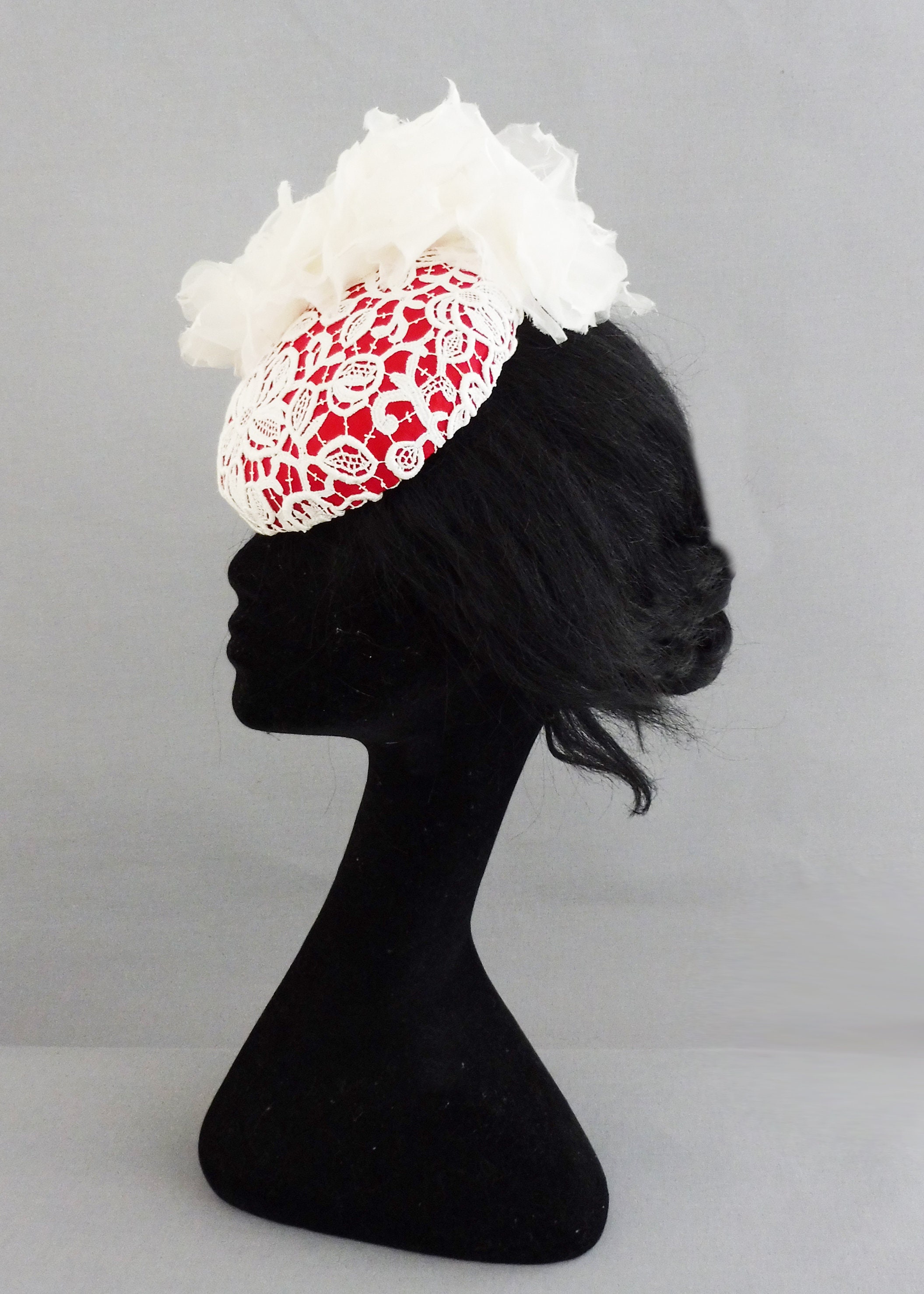 Lace percer hat in red and off white with off white flowers on | Etsy