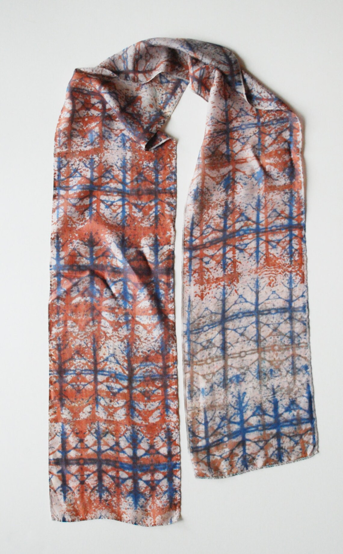 Hand Painted Silk Scarf, Screen Printed Scarf, Navy and Rust Plaid ...