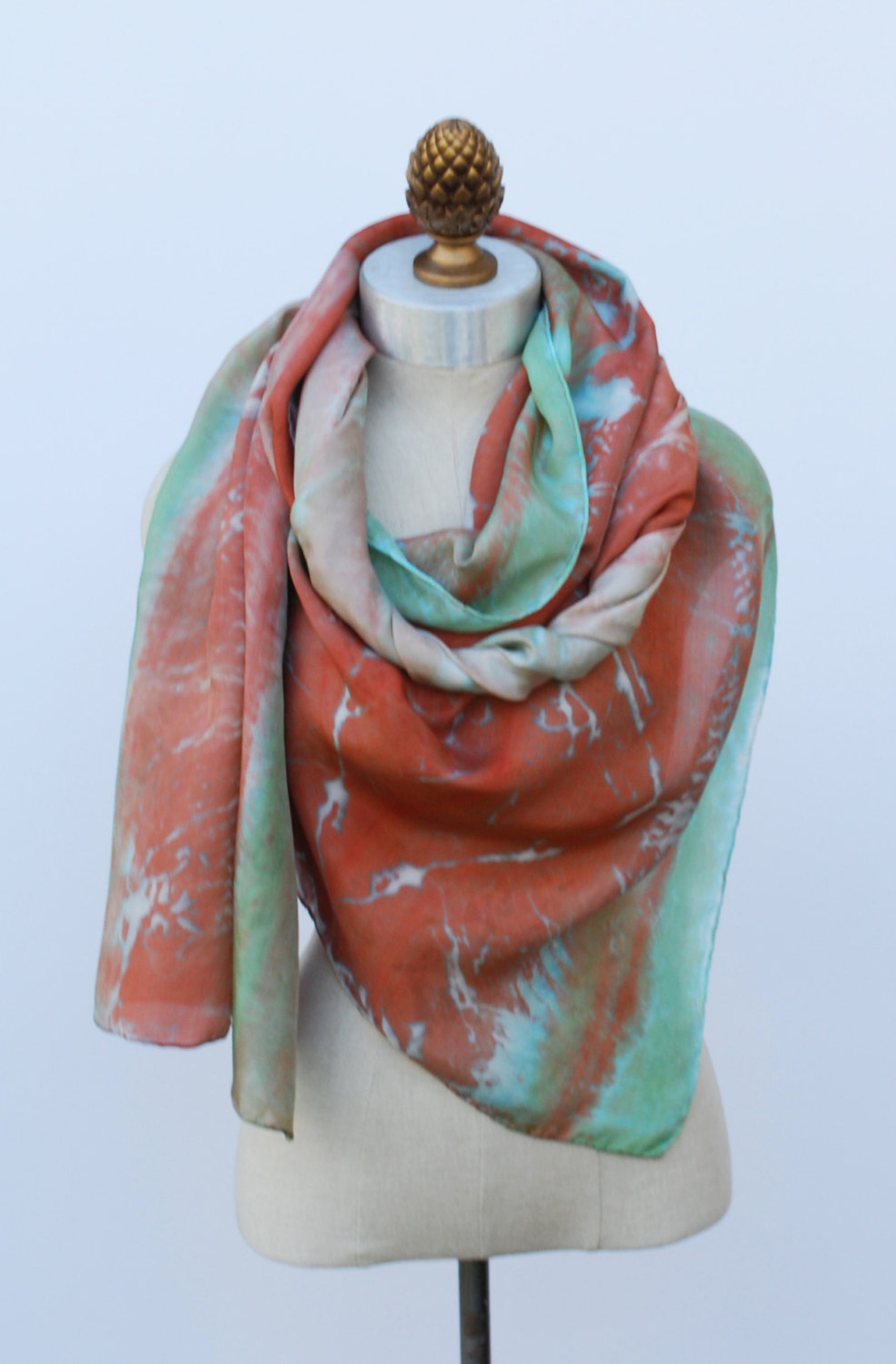 Burnt Orange and Jade Silk Scarf, Oversized Hand Printed Botanical ...