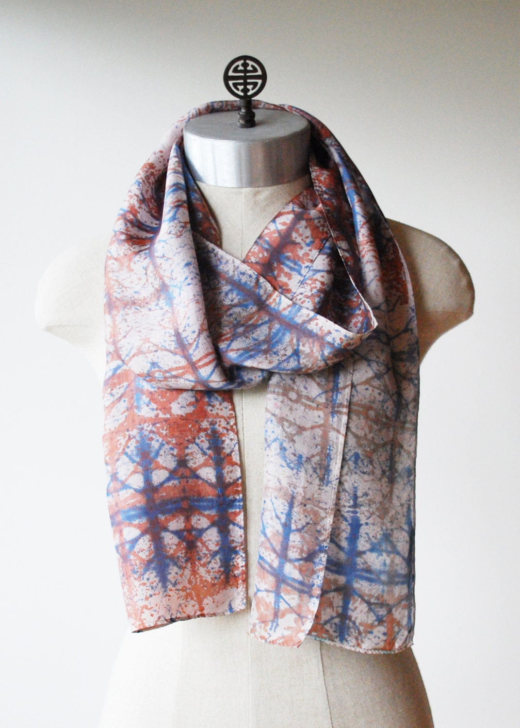 Hand Painted Silk Scarf, Screen Printed Scarf, Navy and Rust Plaid ...