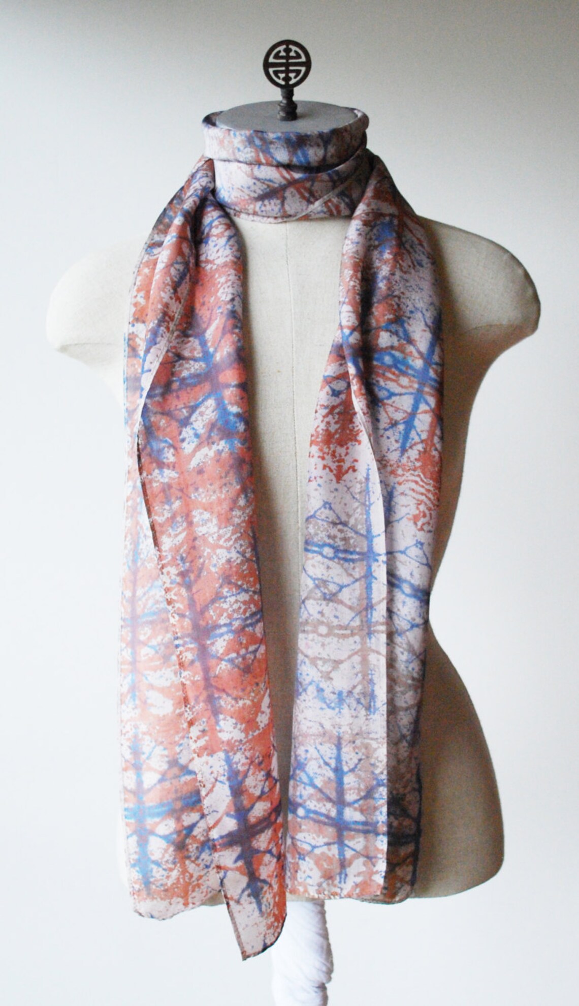 Hand Painted Silk Scarf, Screen Printed Scarf, Navy and Rust Plaid ...