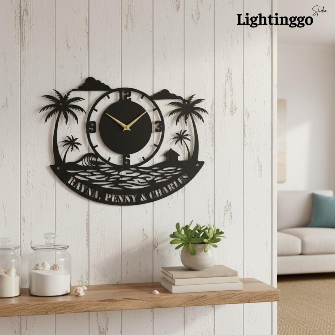 Personalized Beach Wall Clock Metal Sign, Custom Palm Tree Metal Wall ...