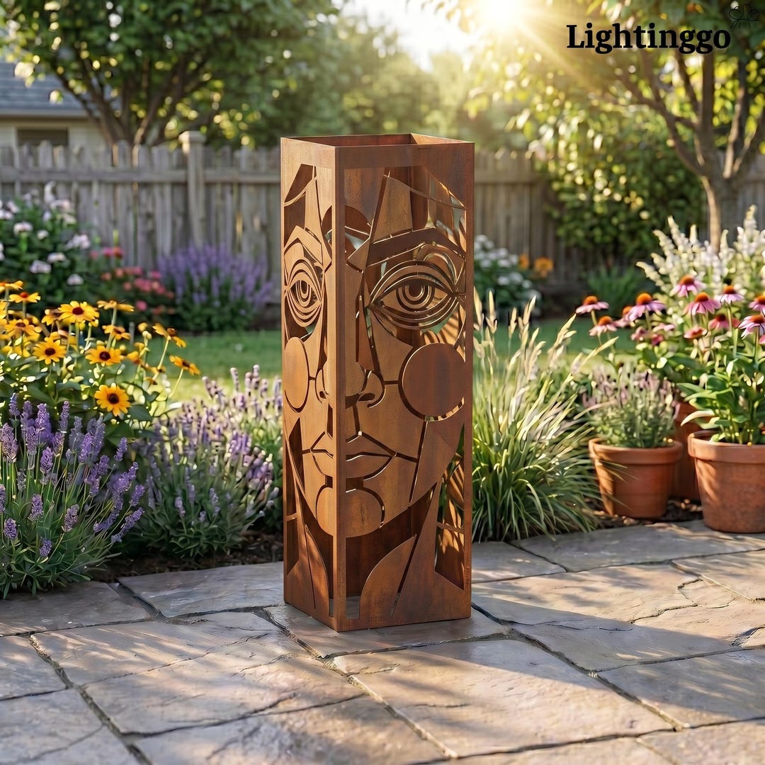 Abstract Face Metal Garden Column, Modern Art Outdoor Light, Style Yard ...