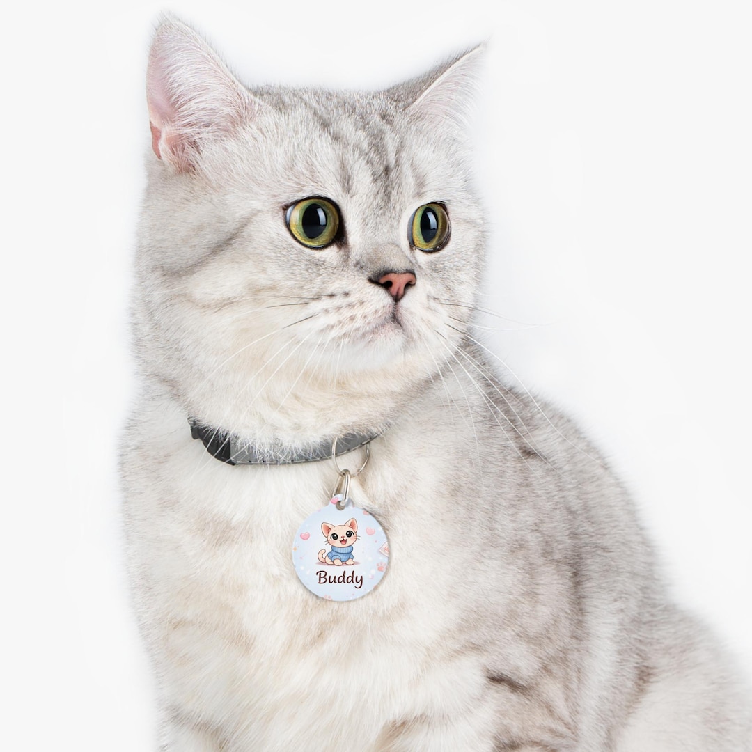 Cute Kitten Name Pet Tag | Personalized Cat ID Tag, Blue Hearts - Etsy