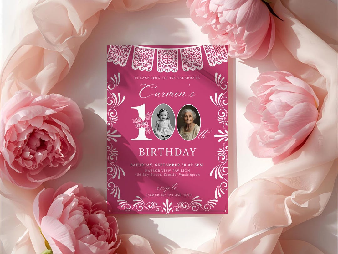 Editable Cielito Lindo 100th Birthday Invitation With Photo, Pink ...