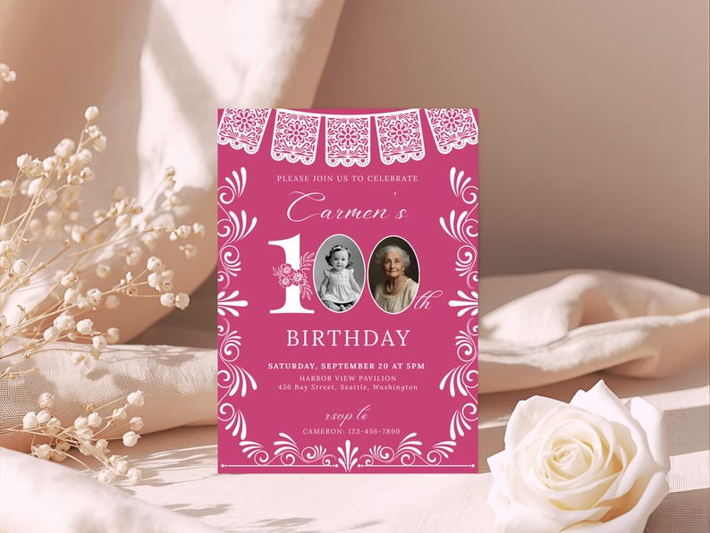 Editable Cielito Lindo 100th Birthday Invitation With Photo, Pink ...