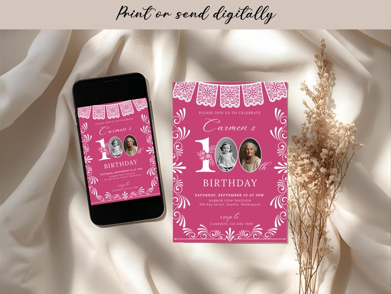 Editable Cielito Lindo 100th Birthday Invitation With Photo, Pink ...