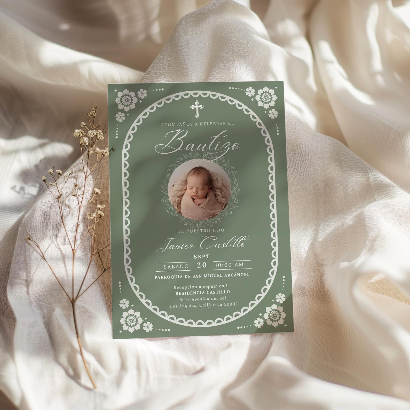 Sage Green Bautizo Invitacion Editable, Cielito Lindo Talavera Baptism ...