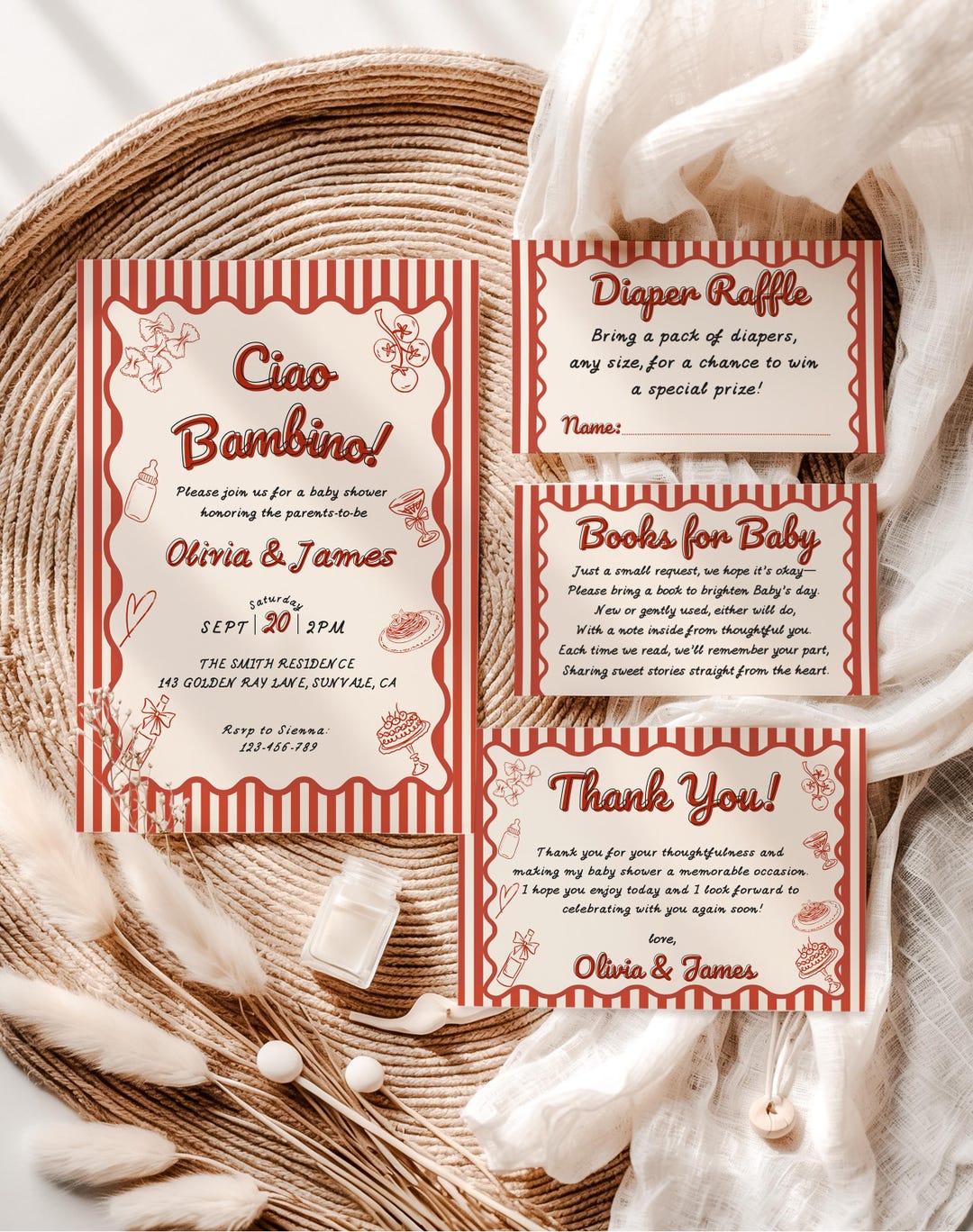 Editable Ciao Bambino Baby Shower Invitation Set, Italian Baby Shower ...