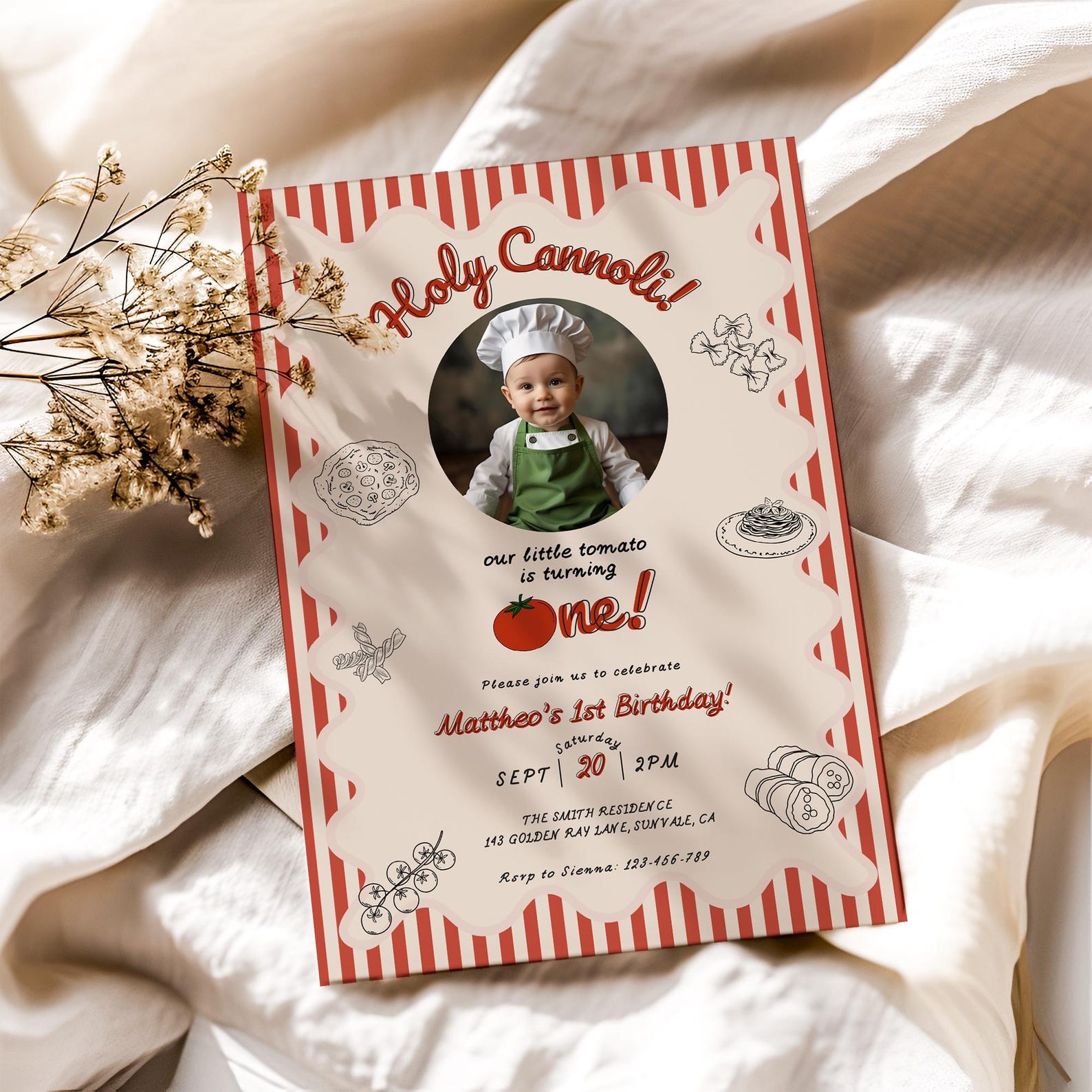 Editable Holy Cannoli First Birthday Invitation With Photo, Hand Drawn ...