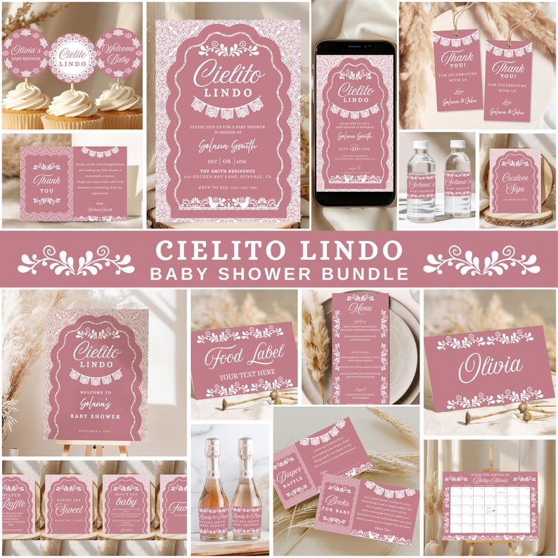 Pink Cielito Lindo Baby Shower Bundle Girl, Editable Cielito Lindo ...