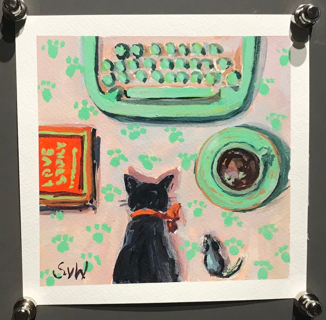 Cat and Typewriter Painting ,original Cat Art,gouache Painting, 6 X 6 ...
