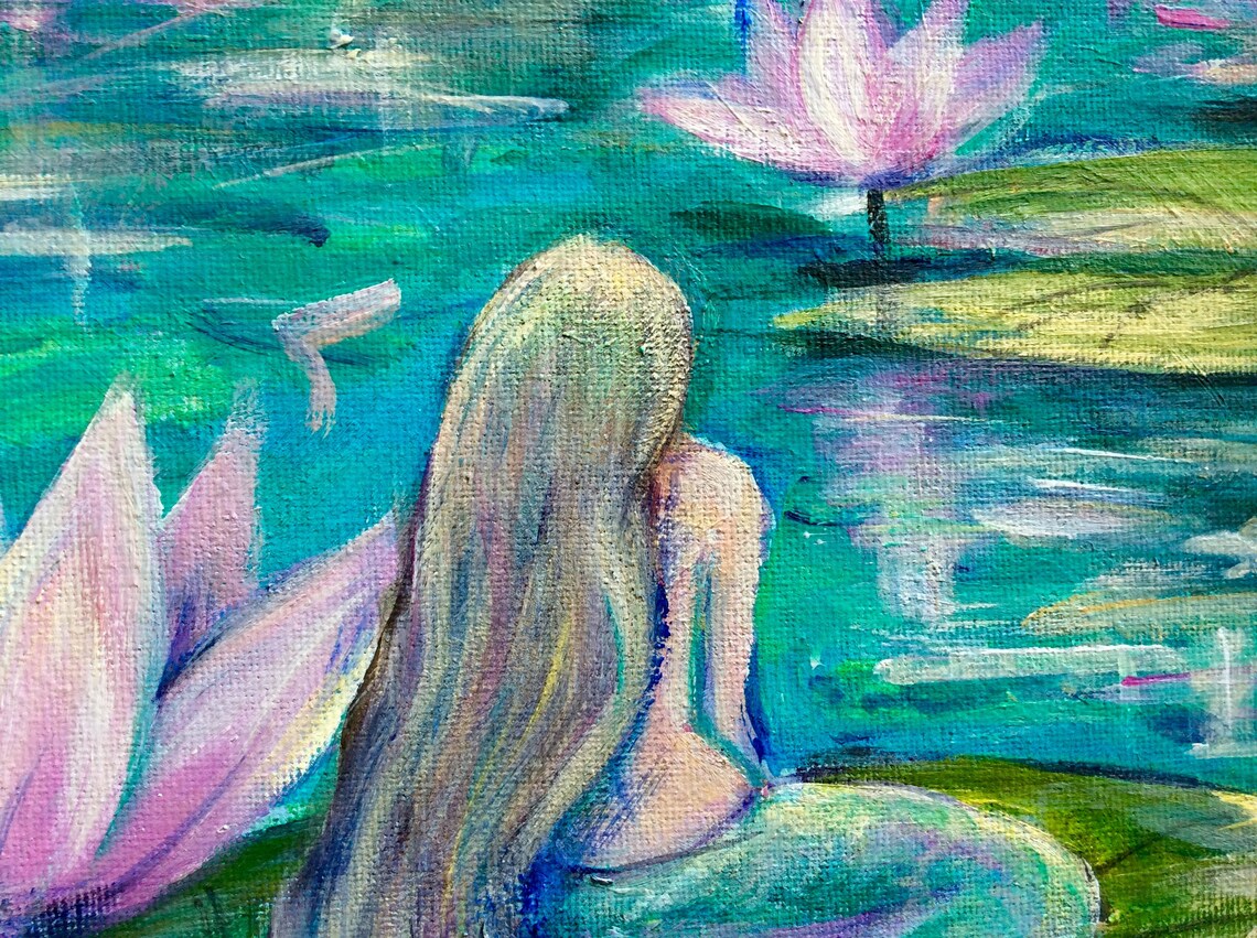 Mermaid Painting Mermaid With Water Lilies Original Painting 8 X 10" - Etsy
