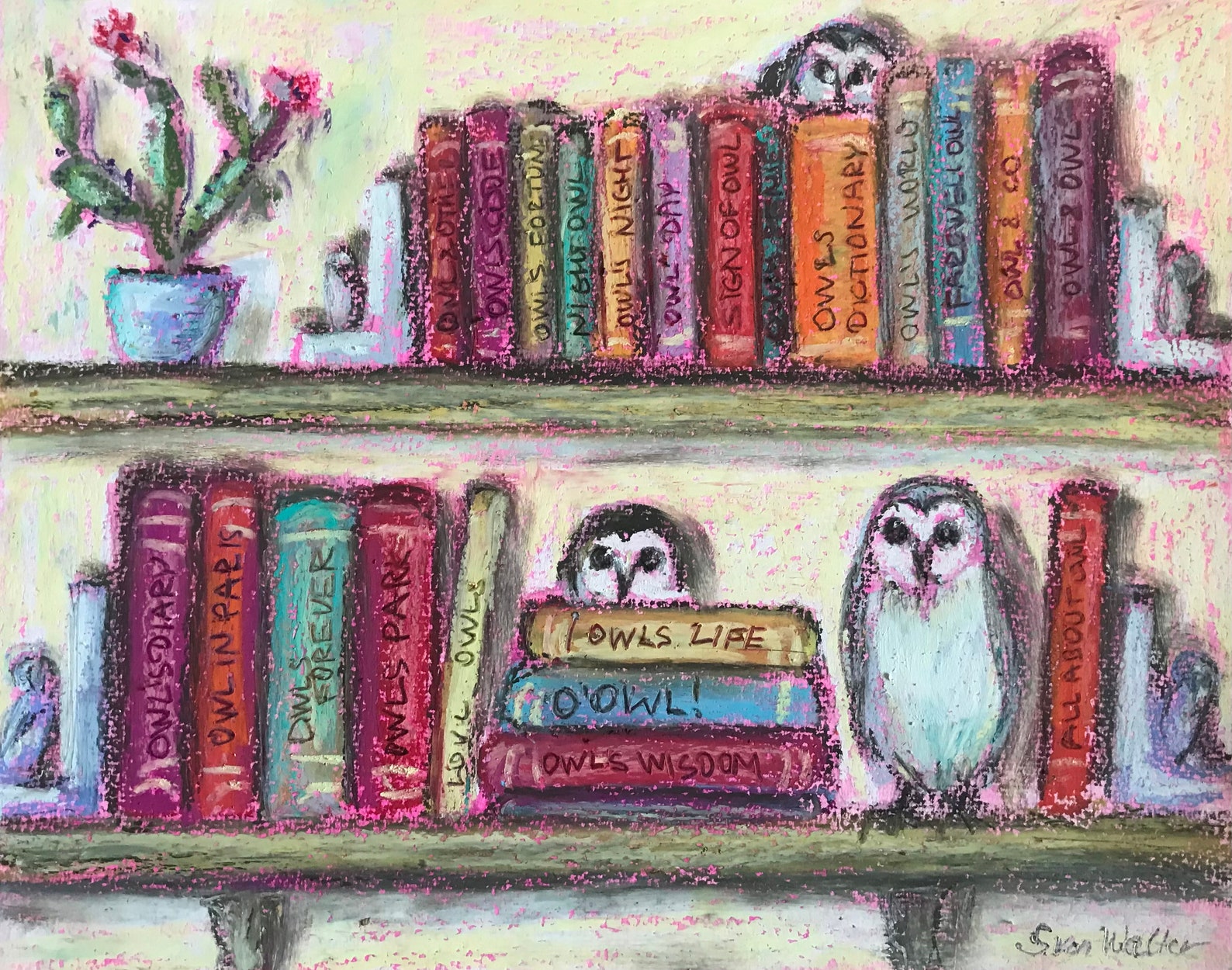 Owl Library Owls and Books Original Painting on Board,8 X 10’’ - Etsy
