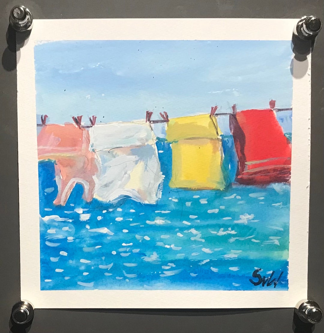 Laundry Line,washing Line Painting,countryside Original Gouache ...