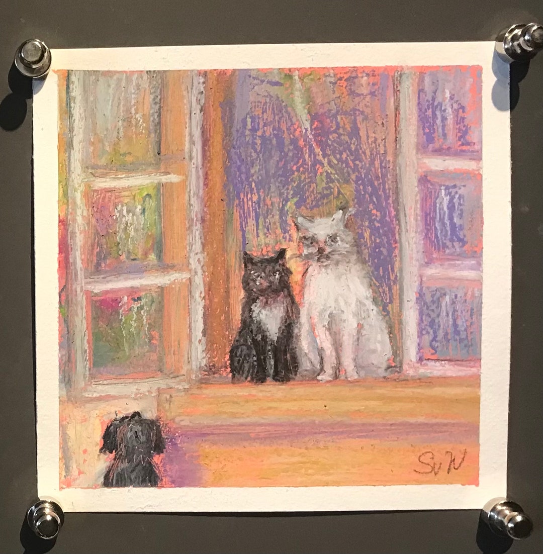 Cats in a Window Painting Cat Painting Original Oil Pastels Painting 6 ...