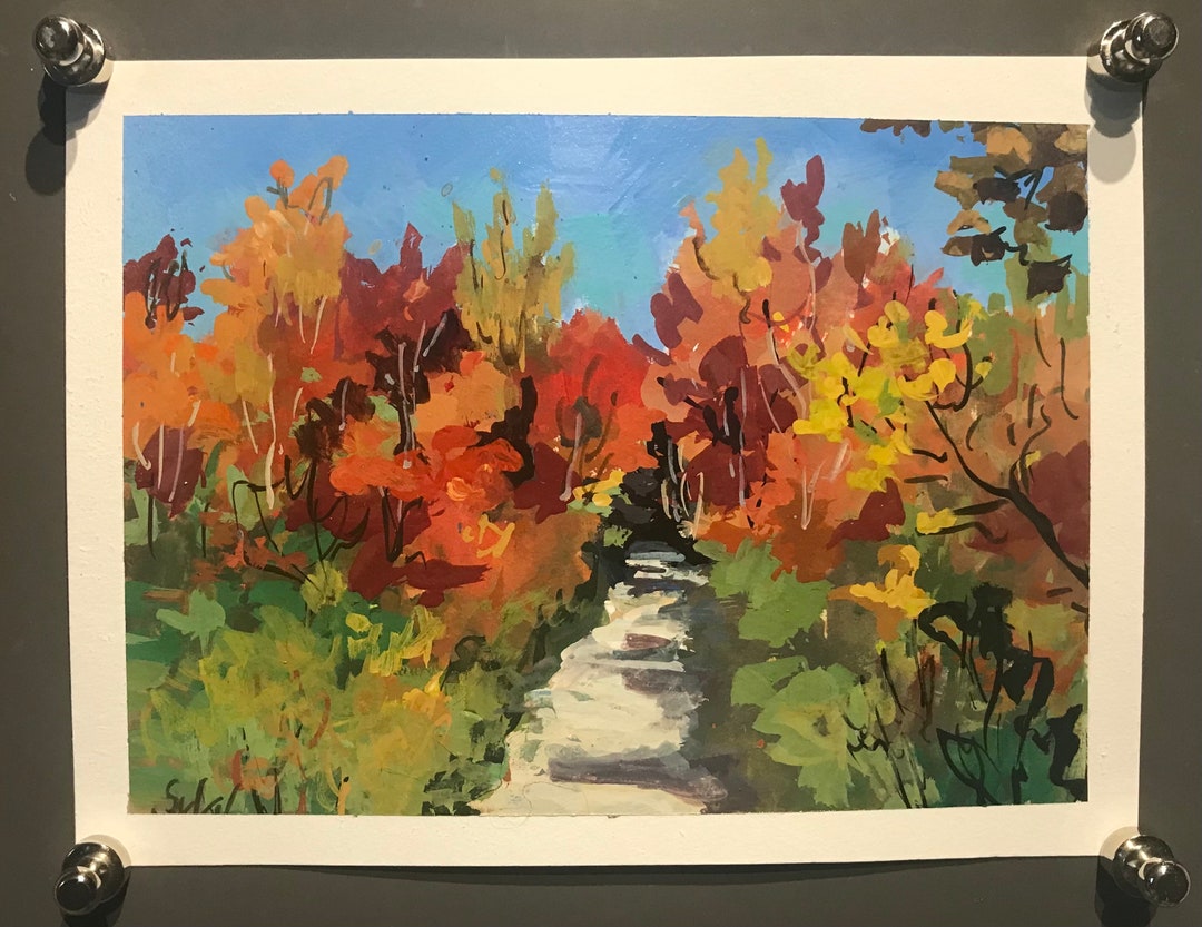 Canadian Fall Painting,fall Landscape ,original Gouache Painting 6 X 8 ...