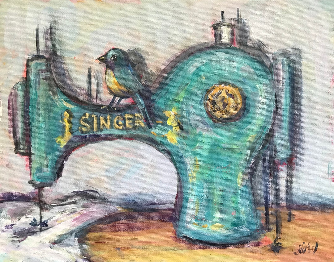Singer Sewing Machine and Bluebird Painting Original Art 8 X 10