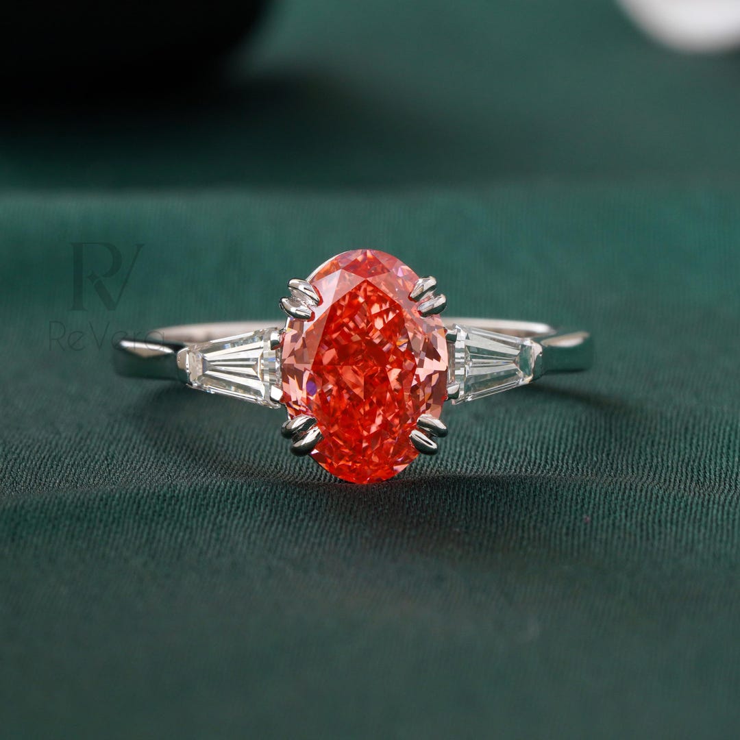 2.01 CT Oval Vivid Red Lab Grown Diamond Ring With Tapered Baguette ...