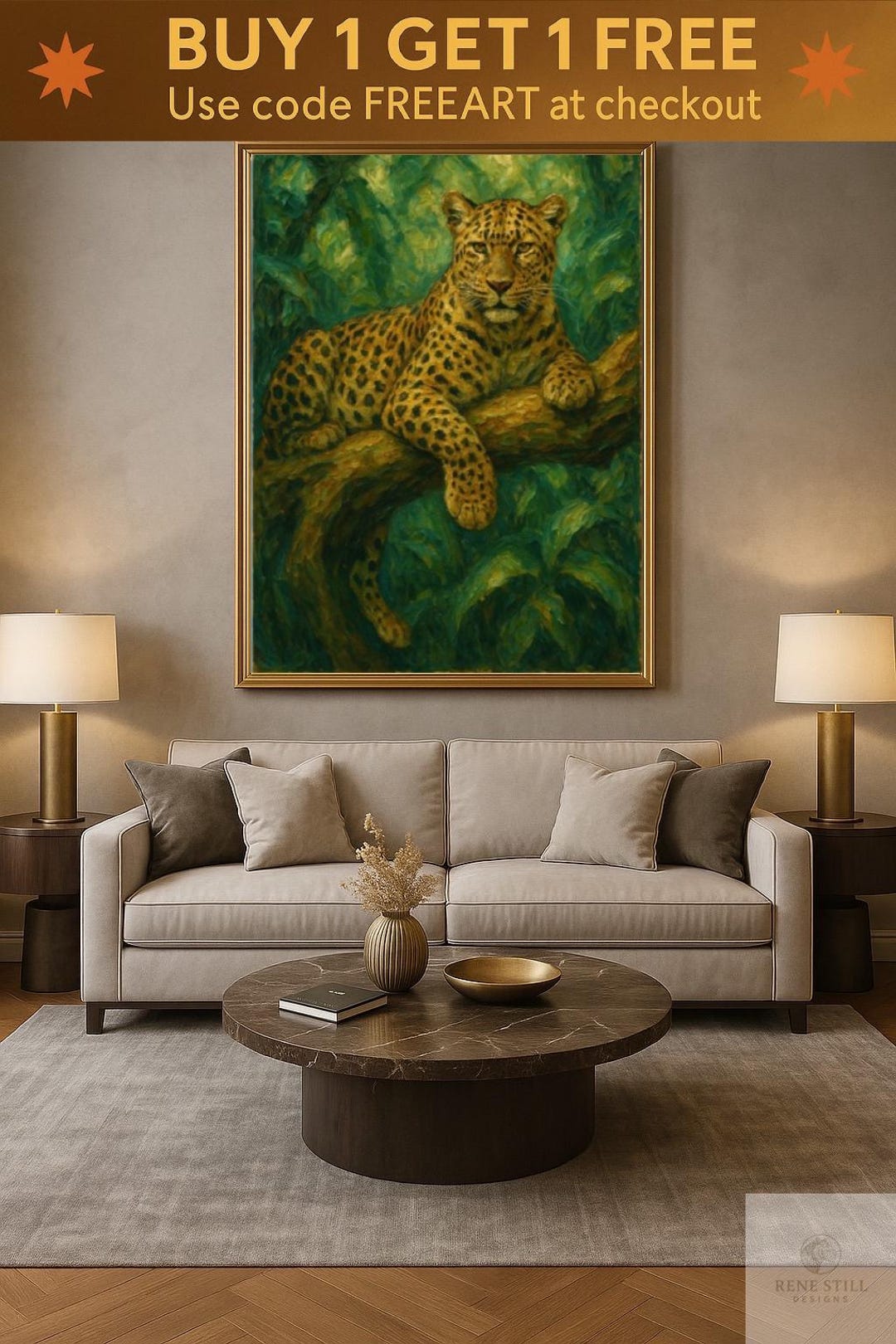 Jungle Leopard Oil Painting Print | Exotic Emerald Green Wall Art ...