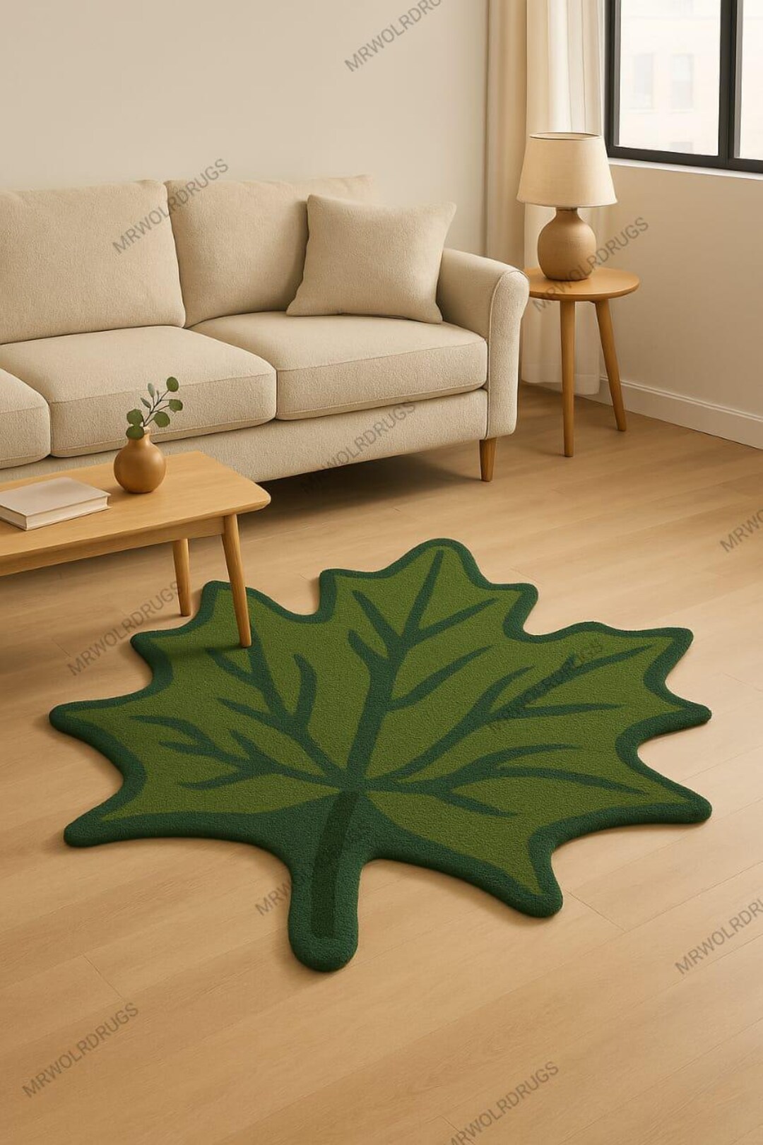 Handmade Green Maple Leaf Rug: Tufted Wool Carpet in Bedroom Decor - Etsy