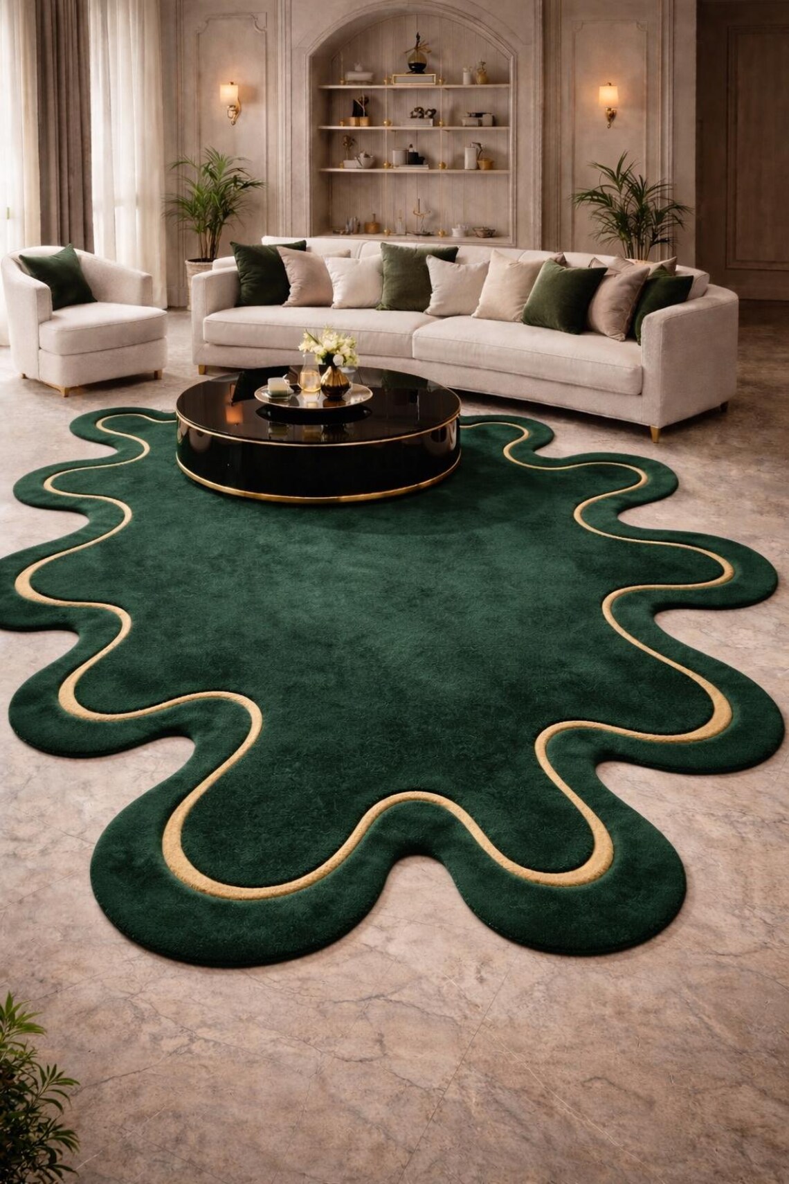 Hand-tufted Wool Rug – Forest Green Amoeba Shape With Gold Border - Etsy