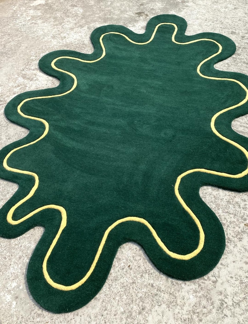 Hand-tufted Wool Rug – Forest Green Amoeba Shape With Gold Border - Etsy