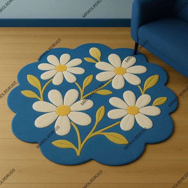 Blue Daisy Flower Rug: Handmade Tufted Floral Carpet - Etsy