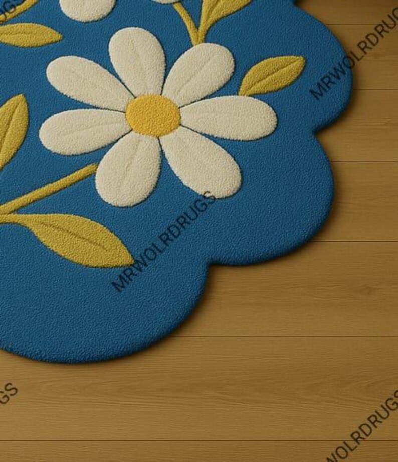 Blue Daisy Flower Rug: Handmade Tufted Floral Carpet - Etsy