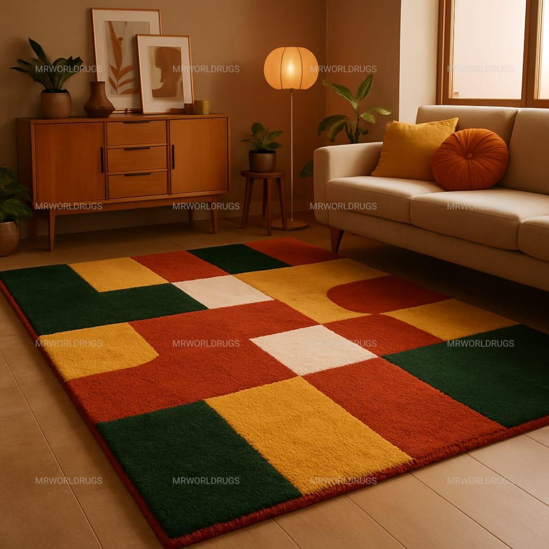 Mid-century Modern Geometric Rug, Retro Color Block Area Rug in Mustard ...