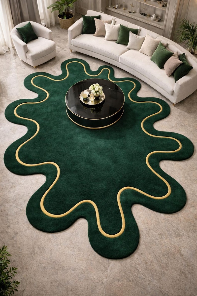 Hand-tufted Wool Rug – Forest Green Amoeba Shape With Gold Border - Etsy