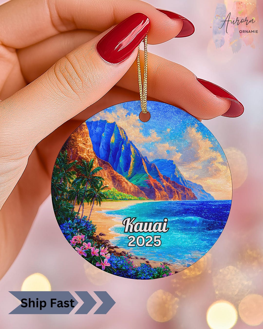 Kauai Ceramic Ornament 2025, Stained Glass Style Hawaii Coastal ...