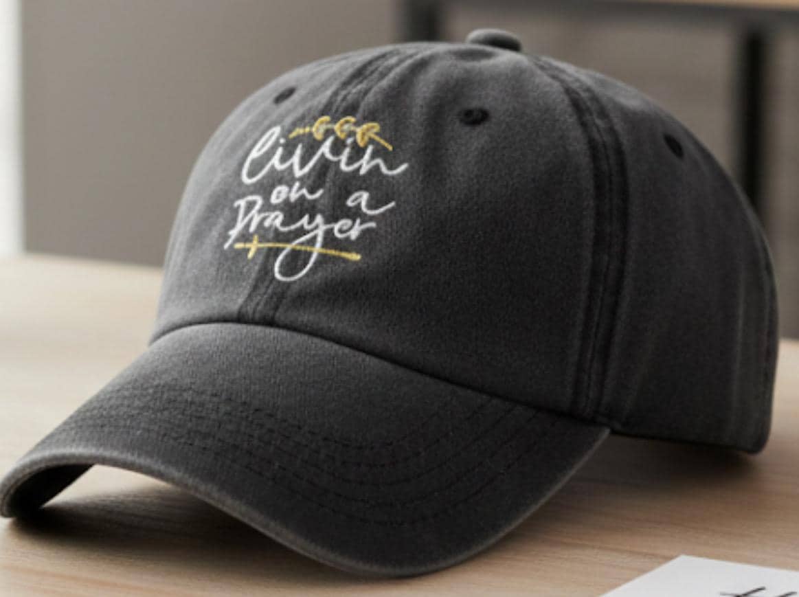 Custom Embroidered Living on A Prayer Christian Baseball Hat Pigment ...