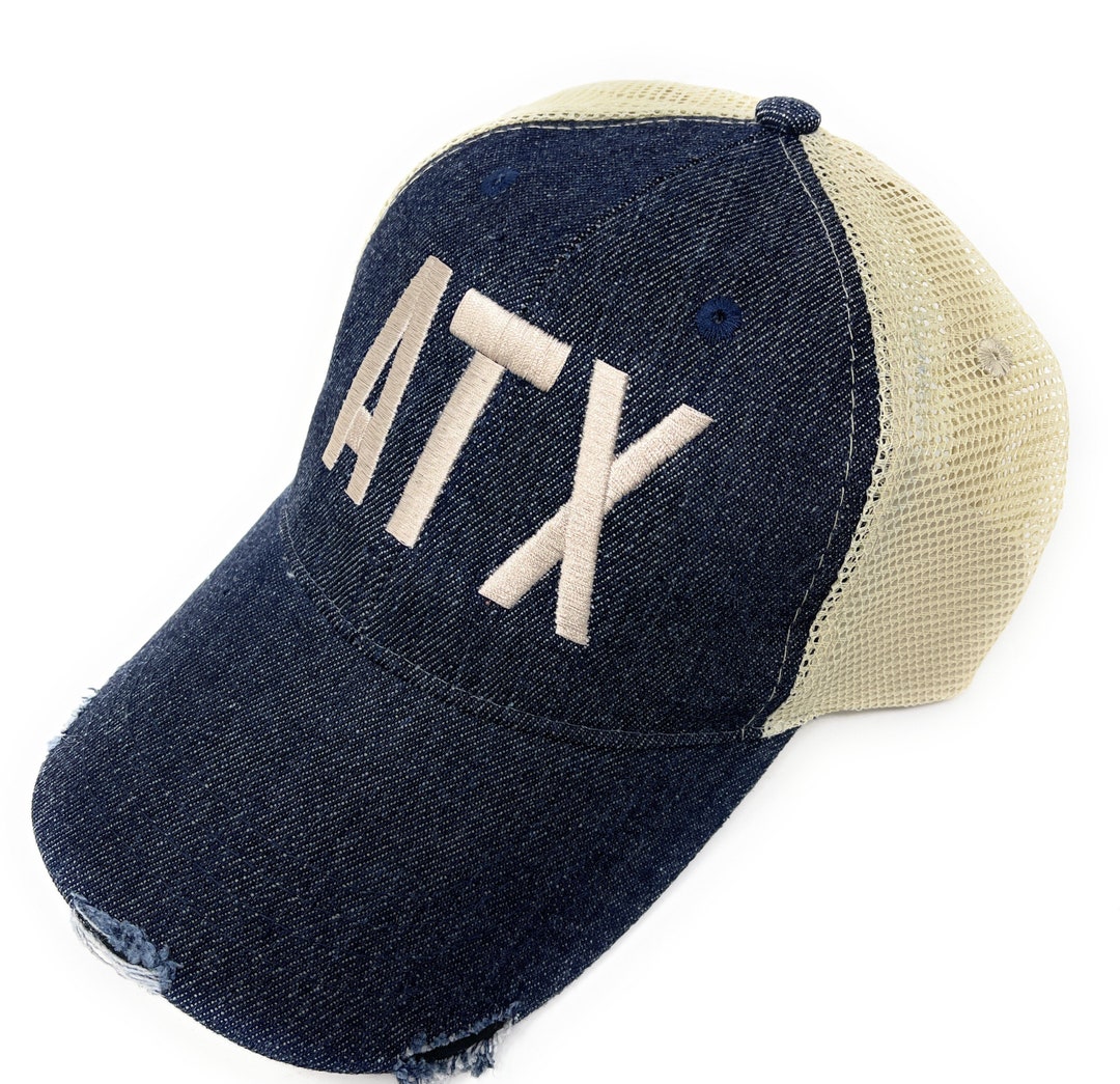 Custom Embroidered ATX Atbasar Airport Dark Denim Distressed Trucker ...