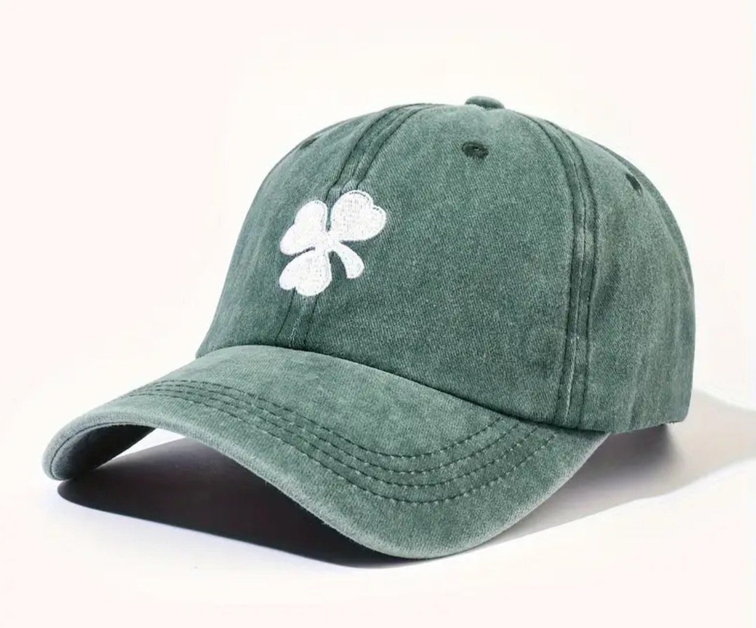 Embroidered 3 Leaf Clover Hat: Pigment Dyed Forest Green Shamrock - Etsy