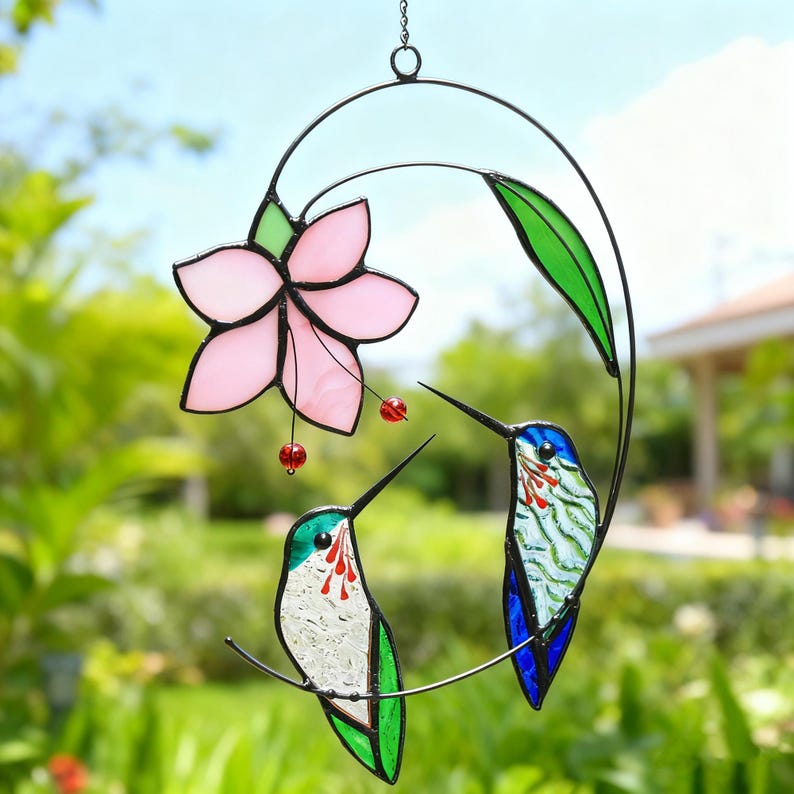 Handmade Hummingbird Stained Glass Suncatcher, Colorful Window Hanging ...