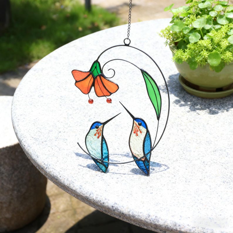 Handmade Hummingbird Stained Glass Suncatcher, Colorful Window Hanging ...