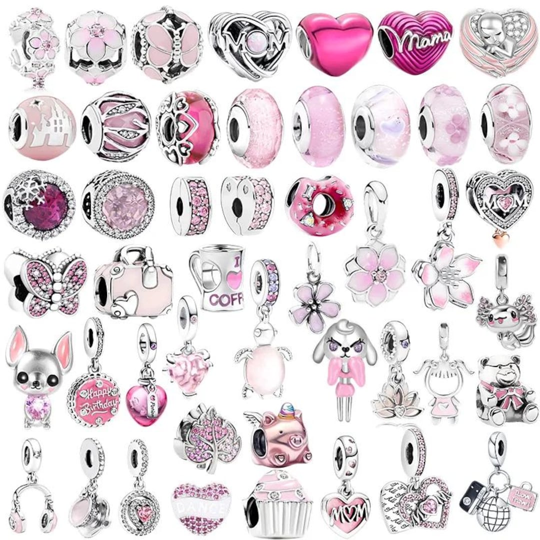 Pink & Silver Charm Beads for Bracelets Love,animals,flowers,cupcake ...
