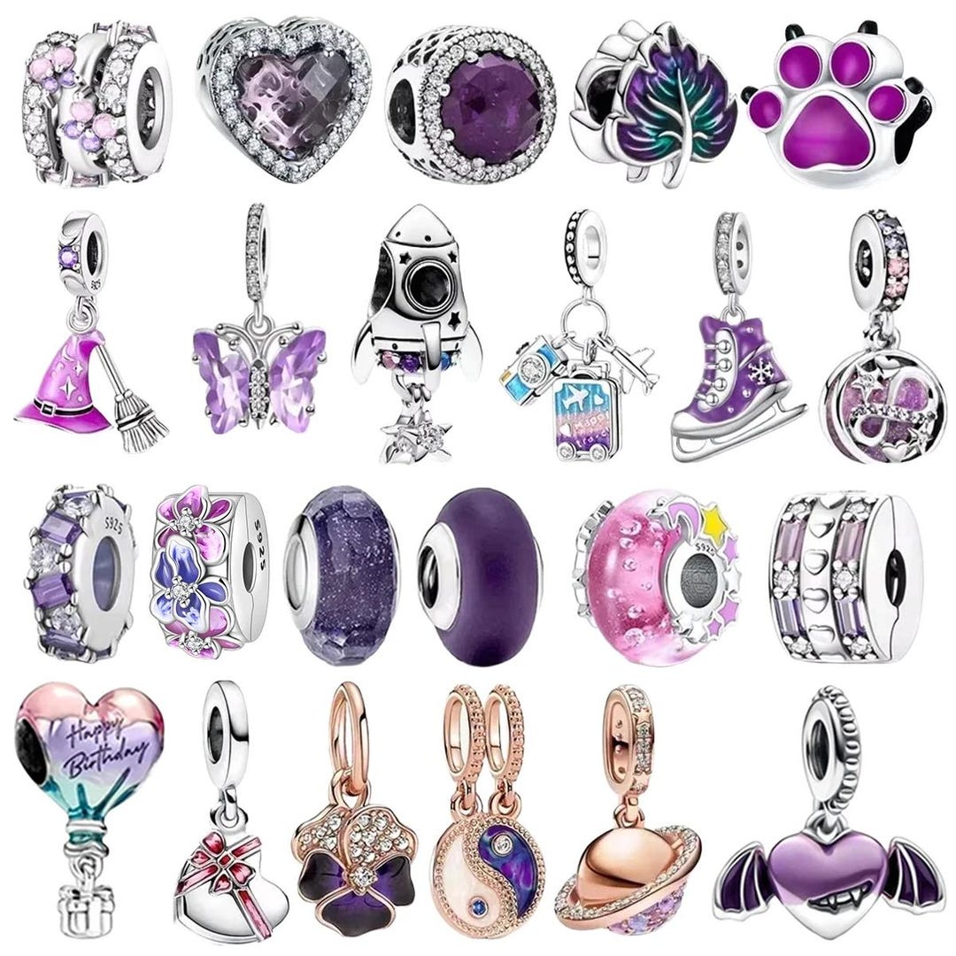 New 925 Sterling Silver Purple Murano Bead Pansy Flower Dangle Charm ...