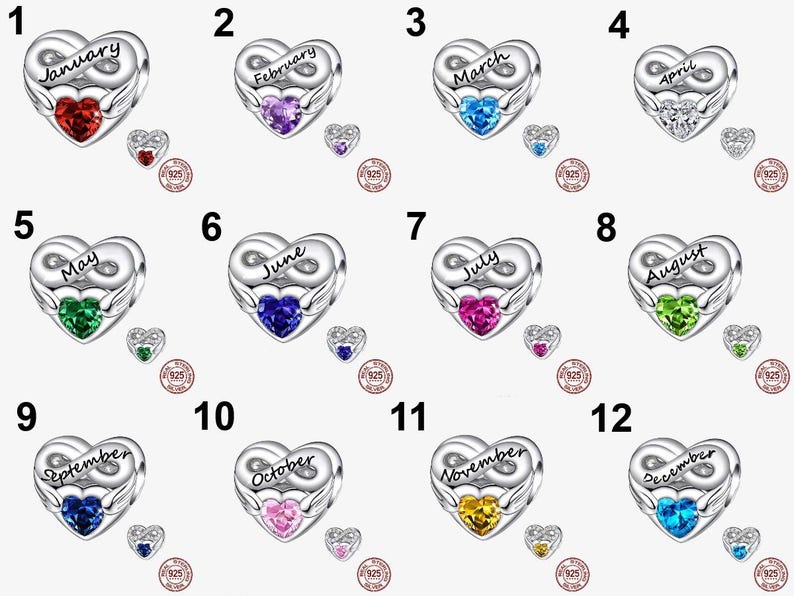 Signature Heart Birthstone Charm 925 Sterling Silver Jan-dec | Birthday ...